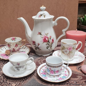 Roses and Gold, Tea Set Pink White Gold Roses Set for 4 Vintage China ...