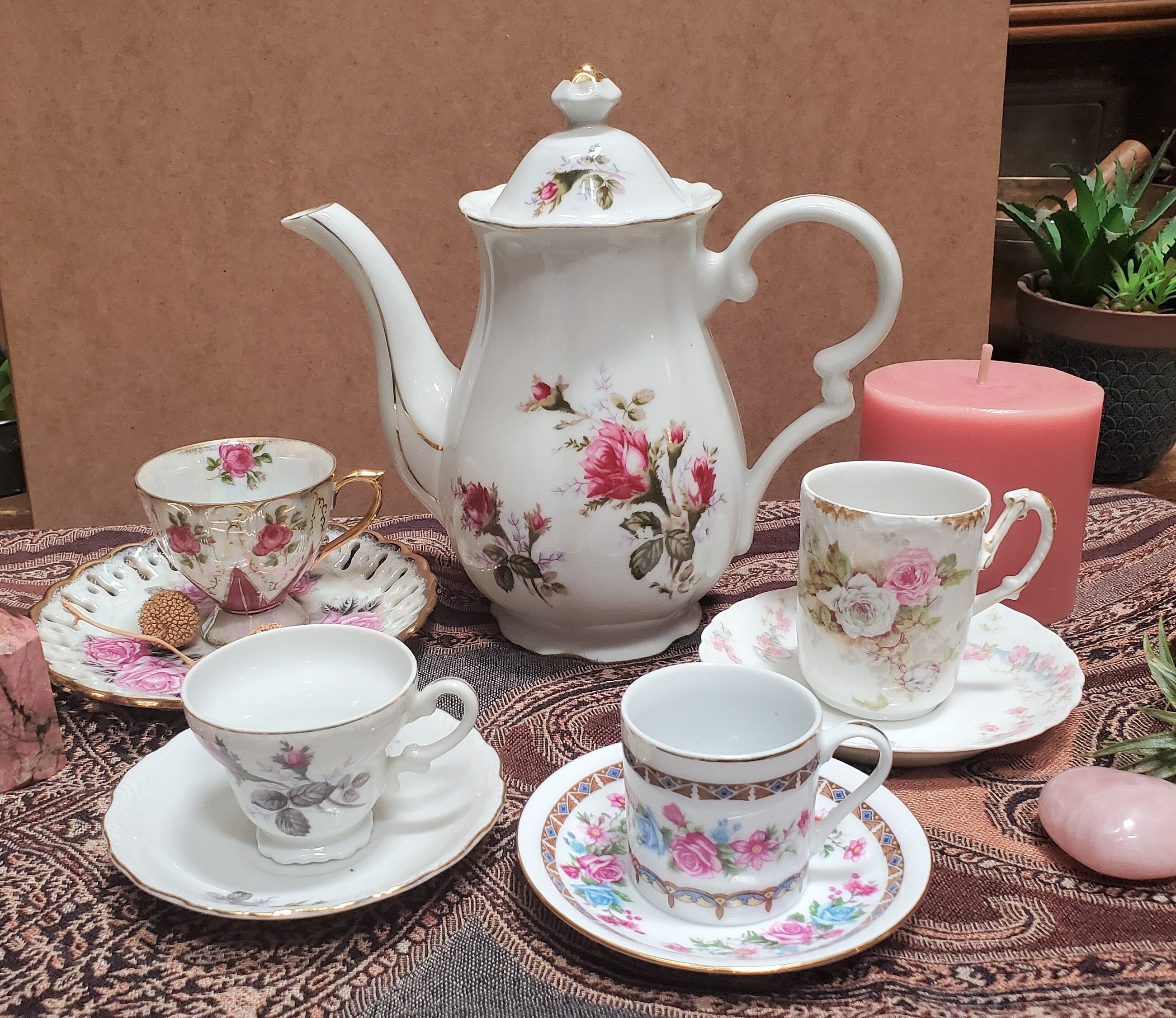 Roses and Gold Tea Set Pink White Gold Roses Set for 4 - Etsy