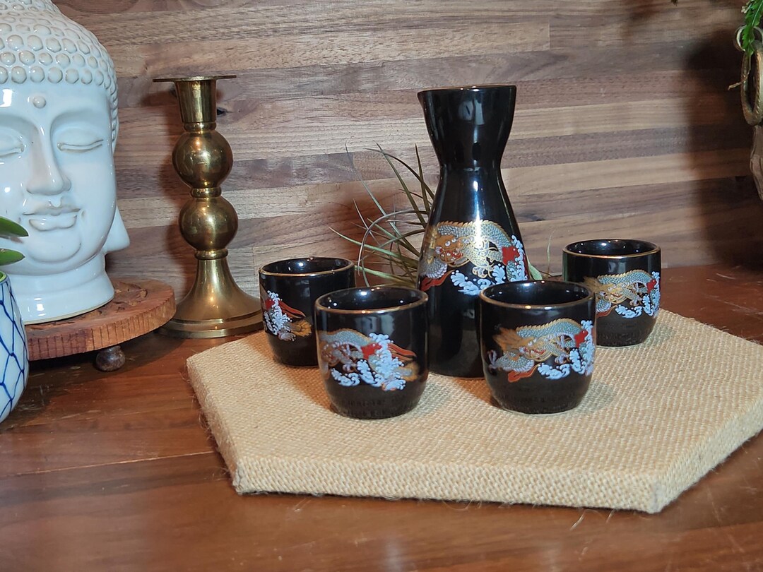Sake Set 5 Piece Black and Gold Dragon - Etsy