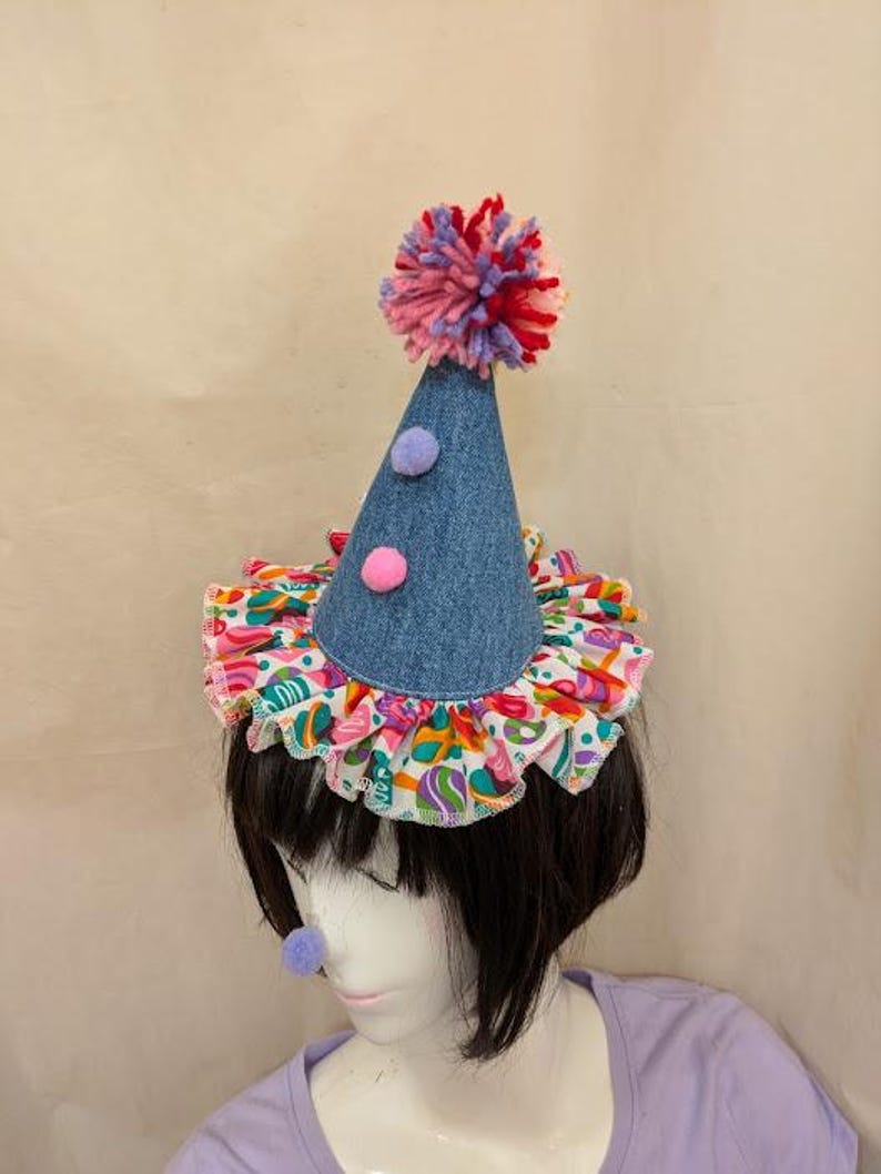 Upcycled Denim Mini Clown Hat With Multicolor Ruffle and Pom Poms ...