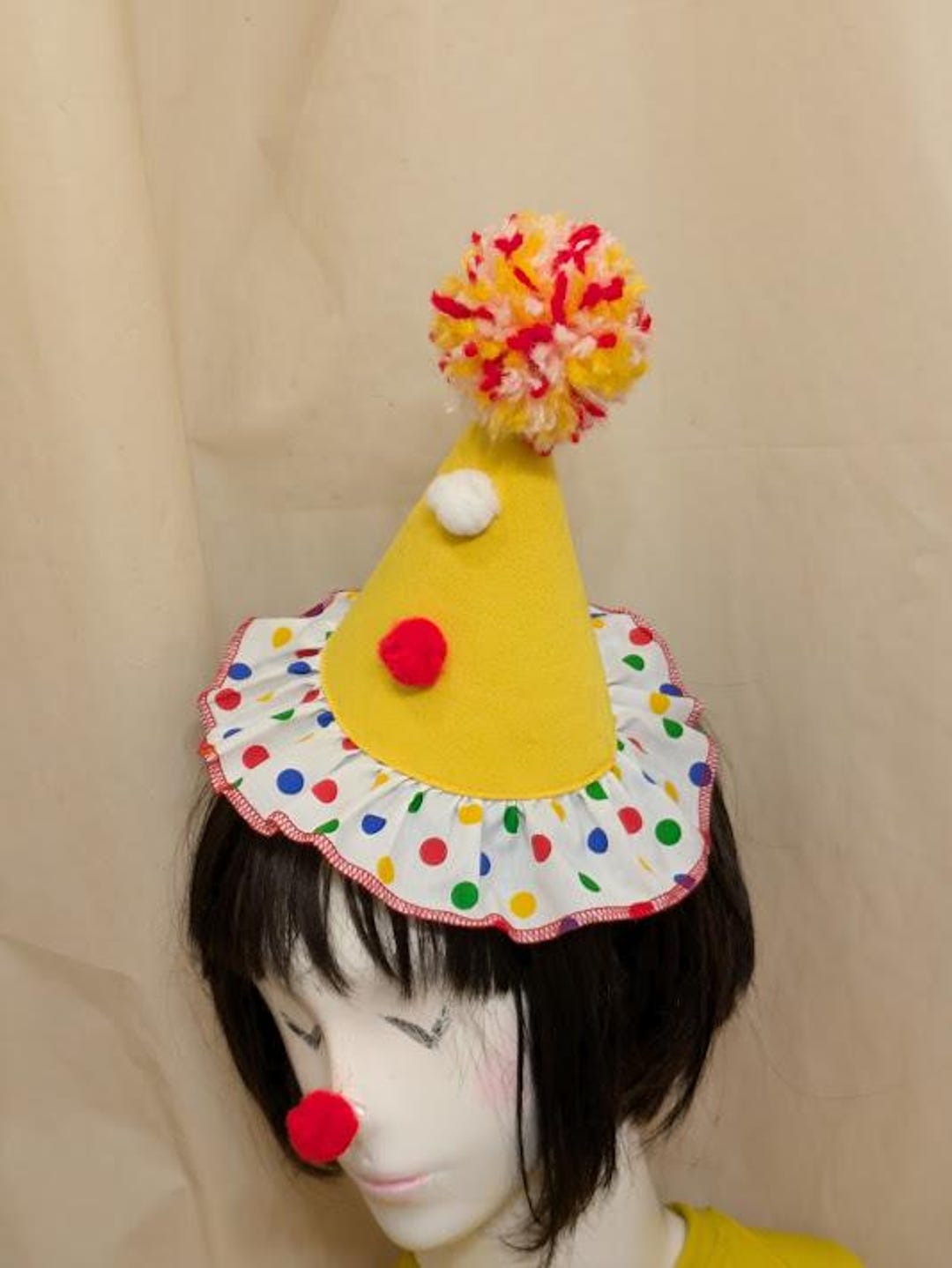 Mini Clown Yellow Hat With Multicolor Polka Dot Ruffle and Pom Poms ...