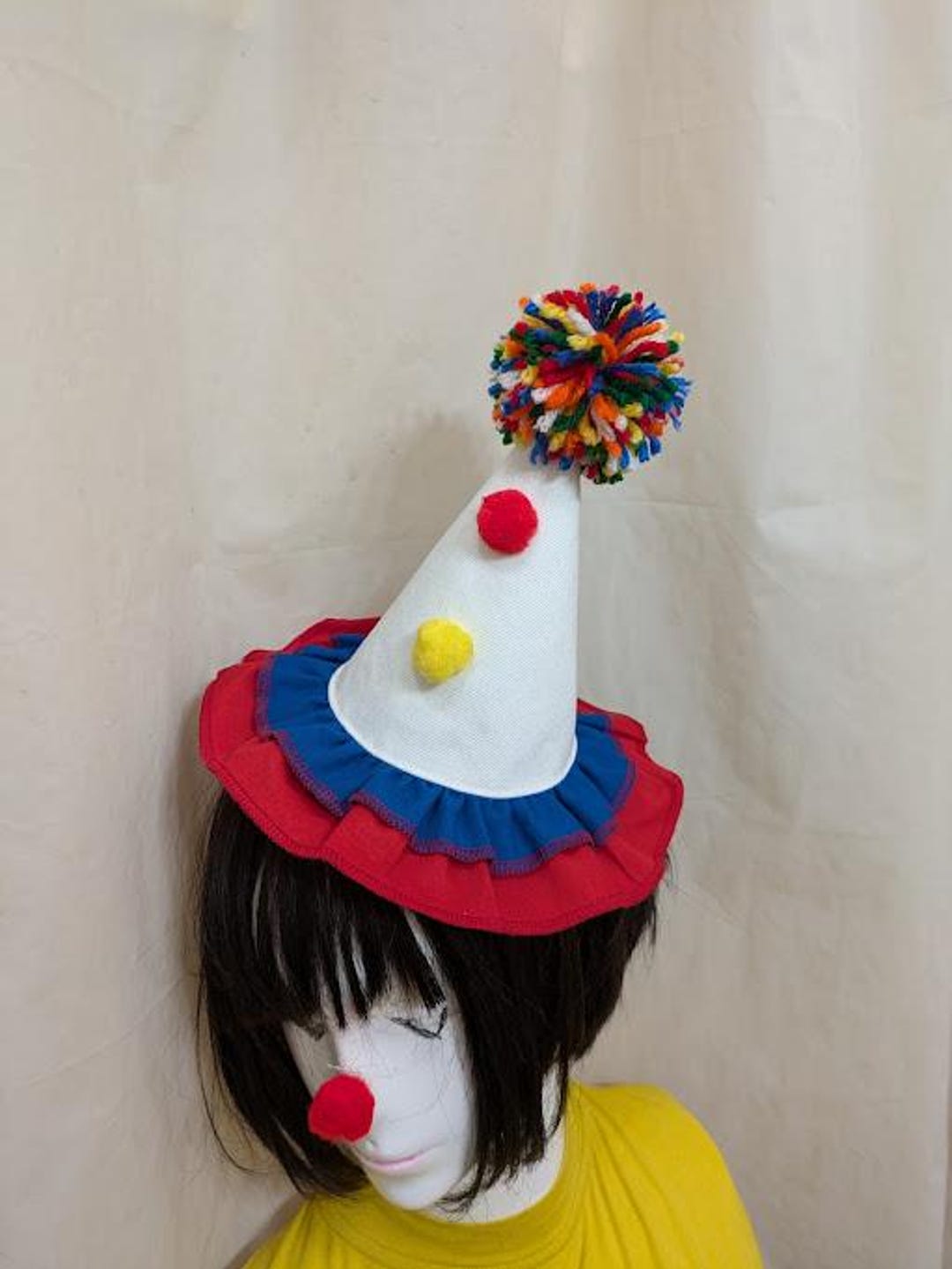 White Mini Clown Hat With Double Ruffle ,mini Clown Hat With Pom Poms ...