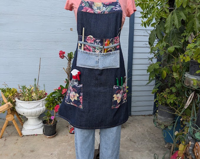 Upcycled Denim Apron, Gardening Apron, Kitchen Apron, Handcrafted Apron ...