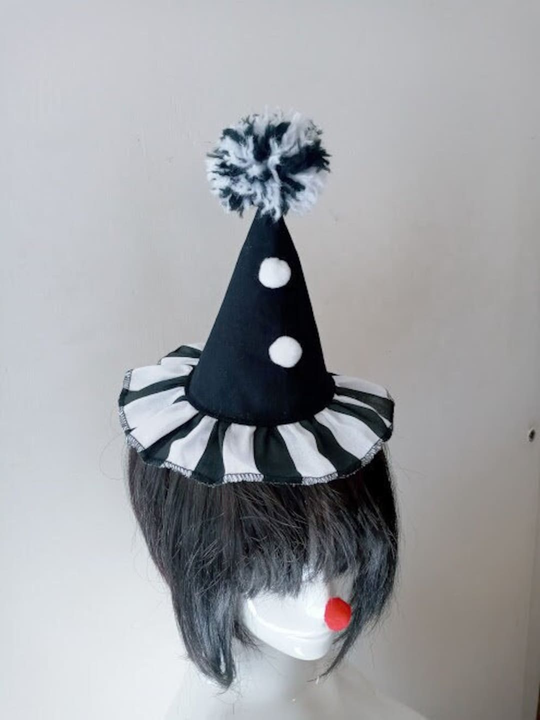 Black With Striped Black /white Ruffle Mini Clown Hat With Pom Poms ...
