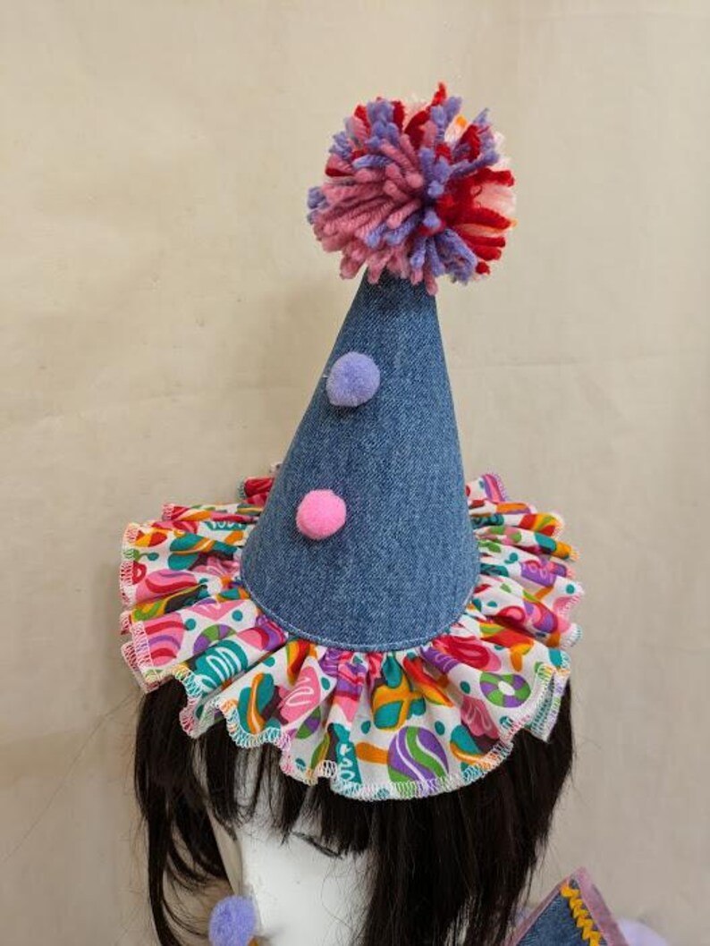 Upcycled Denim Mini Clown Hat With Multicolor Ruffle and Pom Poms ...