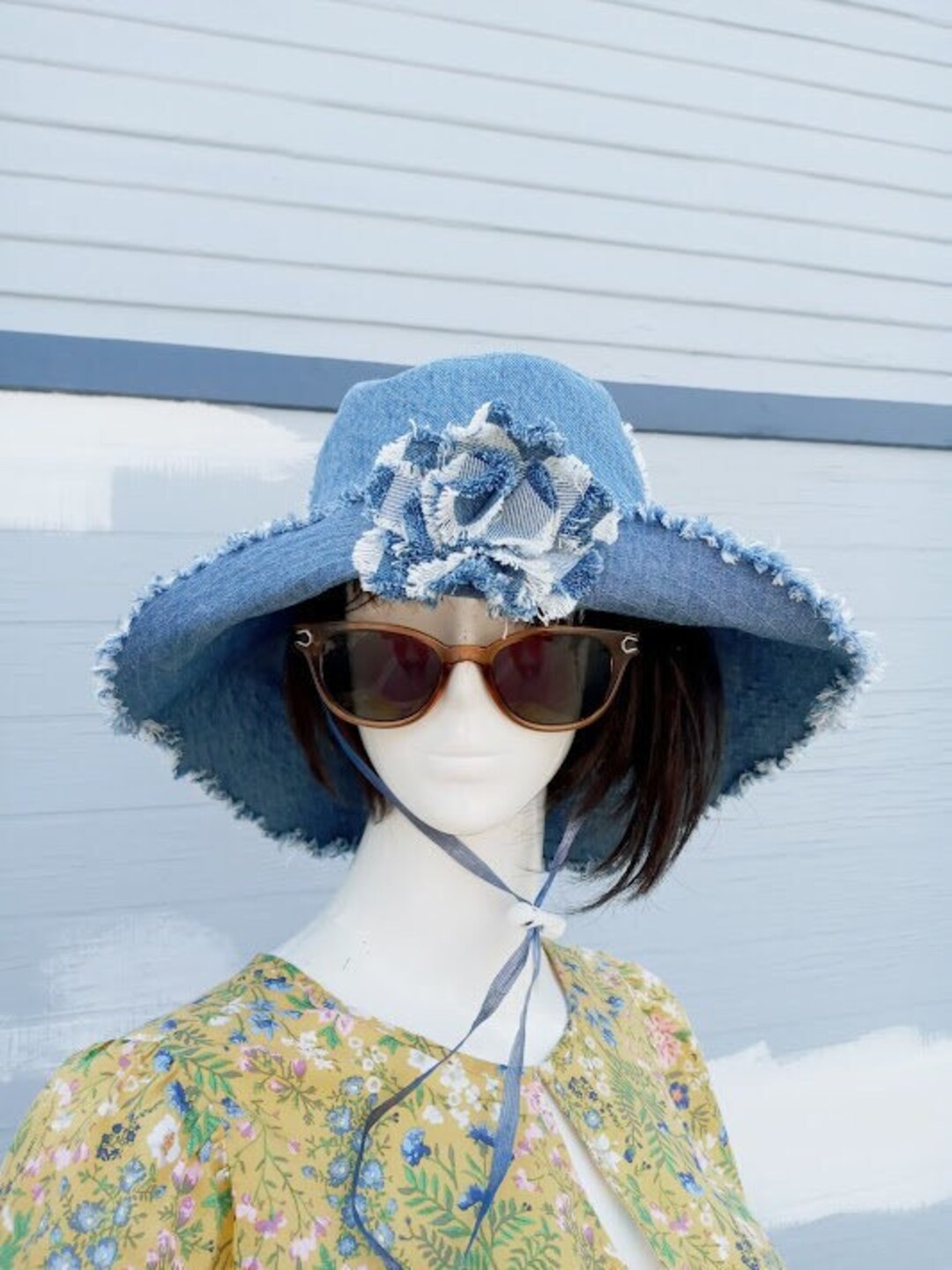 Upcycled Denim Bucket Hat,wide Brim Sun Hat With Adjustable Fit, Beach ...