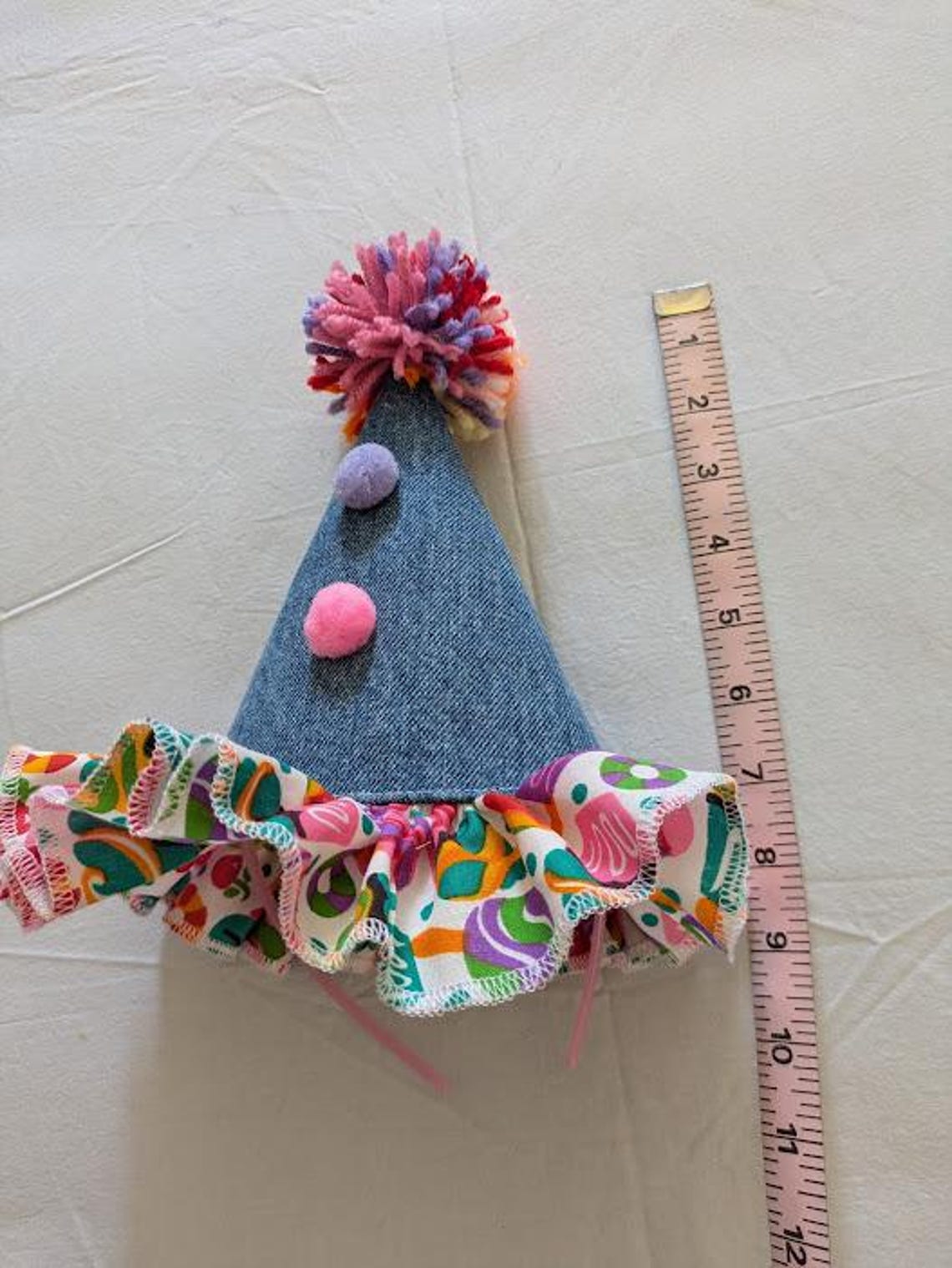 Upcycled Denim Mini Clown Hat With Multicolor Ruffle and Pom Poms ...
