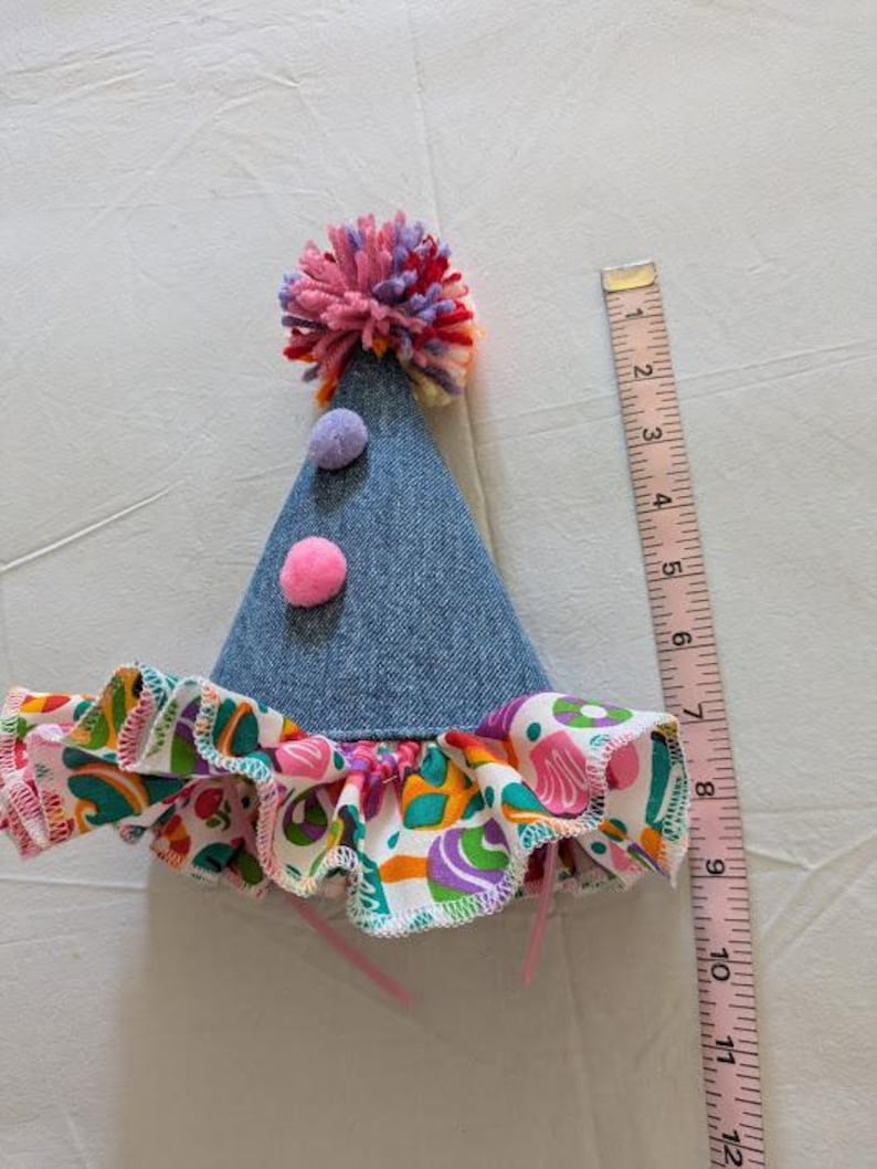 Upcycled Denim Mini Clown Hat With Multicolor Ruffle and Pom Poms ...
