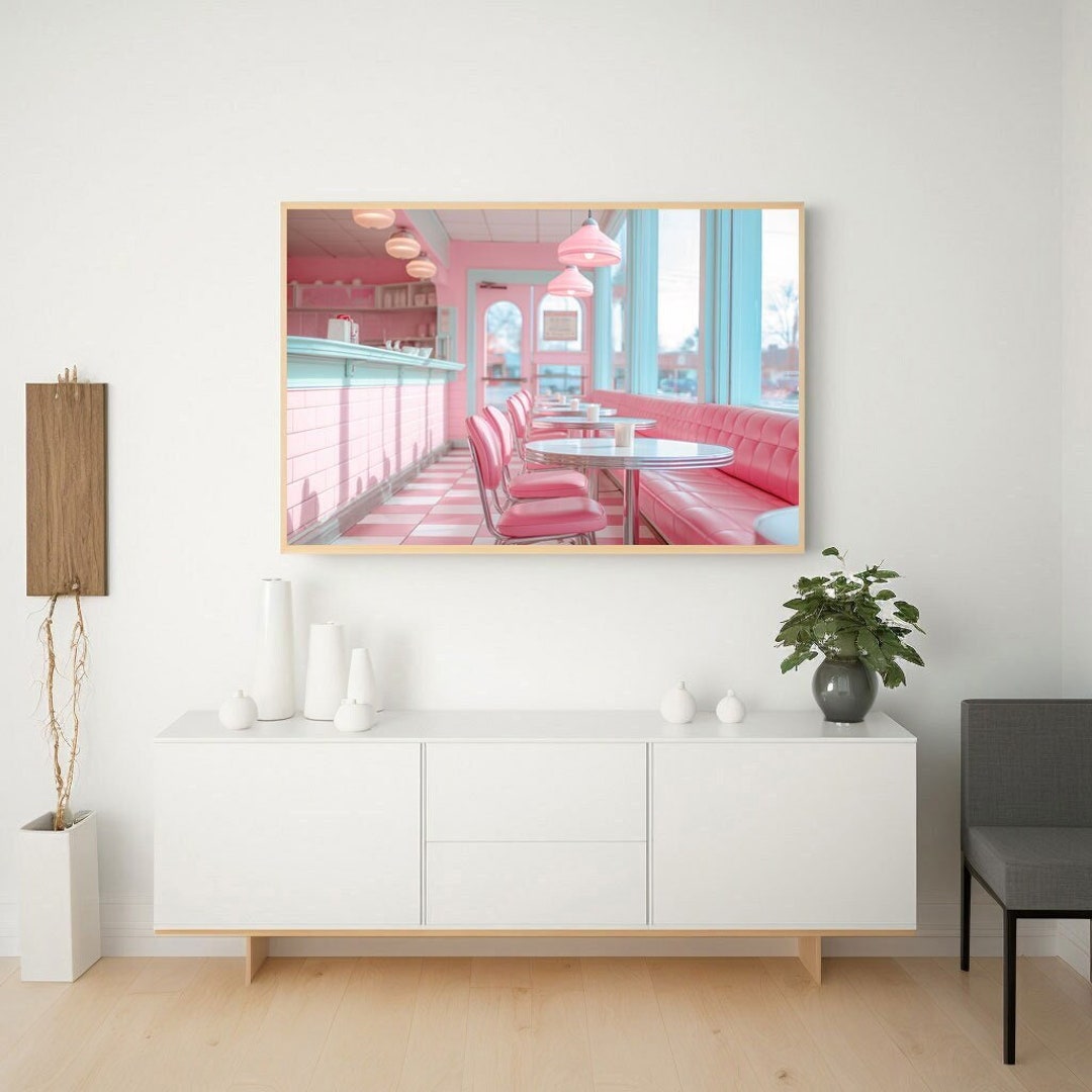 Retro American Diner, Colorful Wall Art, Blue and Pink, Checker Floor ...