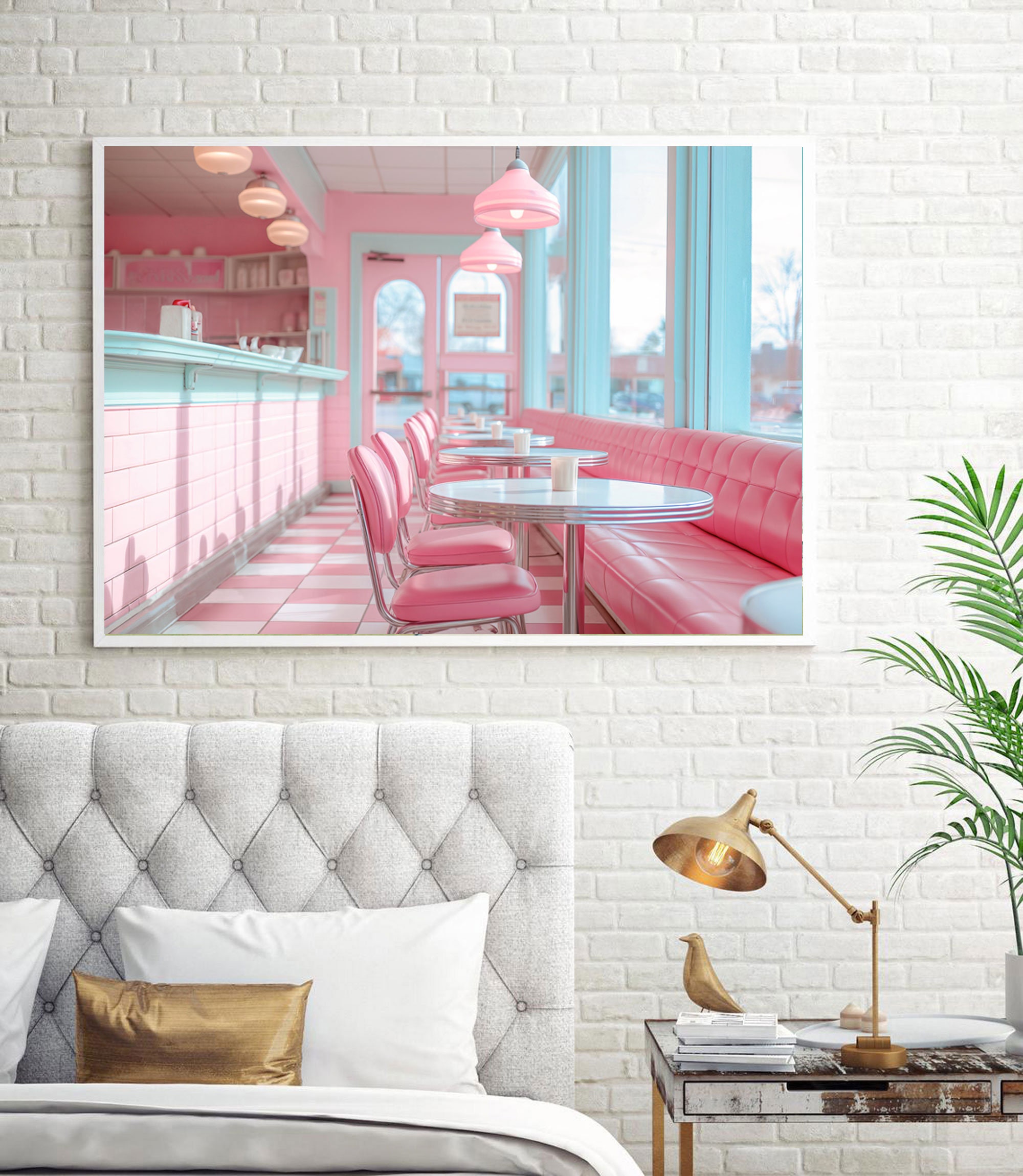 Retro American Diner, Colorful Wall Art, Blue and Pink, Checker Floor ...