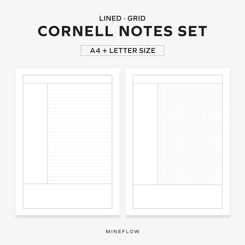 Pintable Cornell Notes Set - Lined, Grid / A4 and US Letter Size Notes ...
