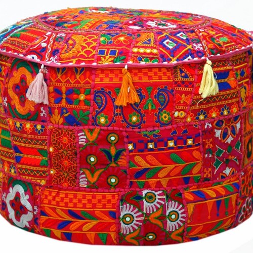 Vintage Round Ottoman Pouf Cover Patchwork Foot Stool Case - Etsy