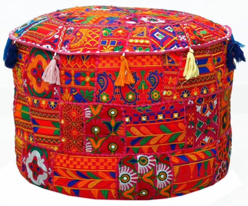 Vintage Round Ottoman Pouf Cover Patchwork Foot Stool Case - Etsy