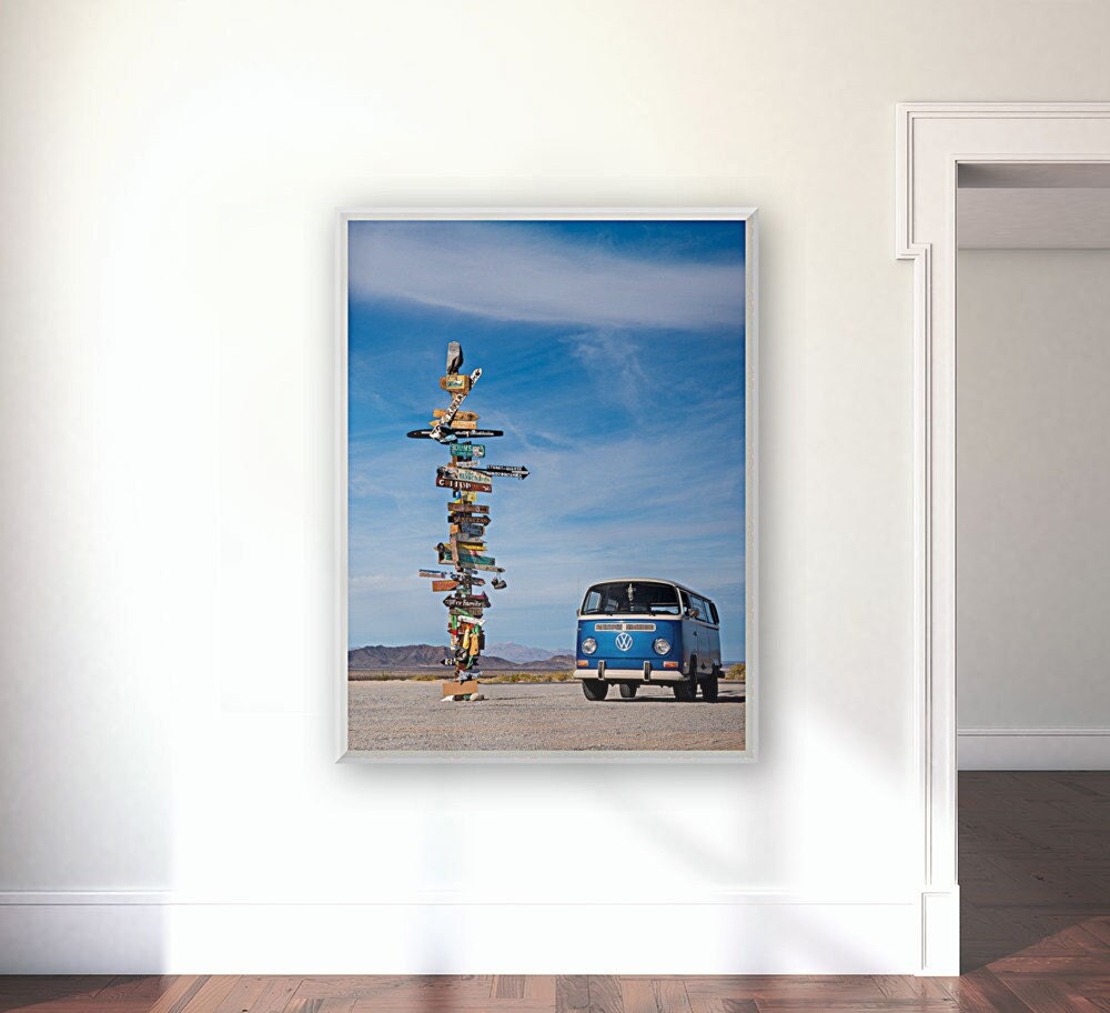 VW Bus Print, VW Bus Next to Directional Waypoint Sign in the Desert ...