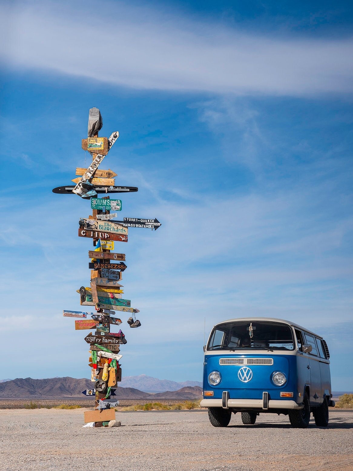 VW Bus Print, VW Bus Next to Directional Waypoint Sign in the Desert ...