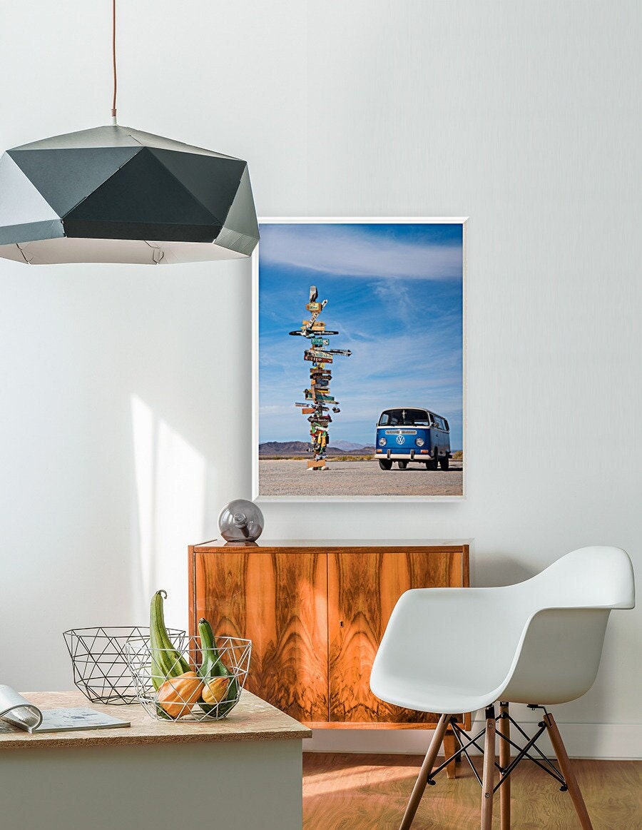 VW Bus Print, VW Bus Next to Directional Waypoint Sign in the Desert ...