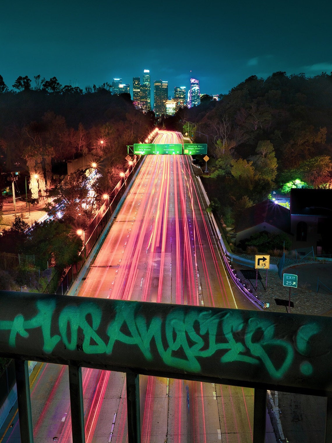 Los Angeles Night Print, Freeway to Downtown Los Angeles at Night, Los ...