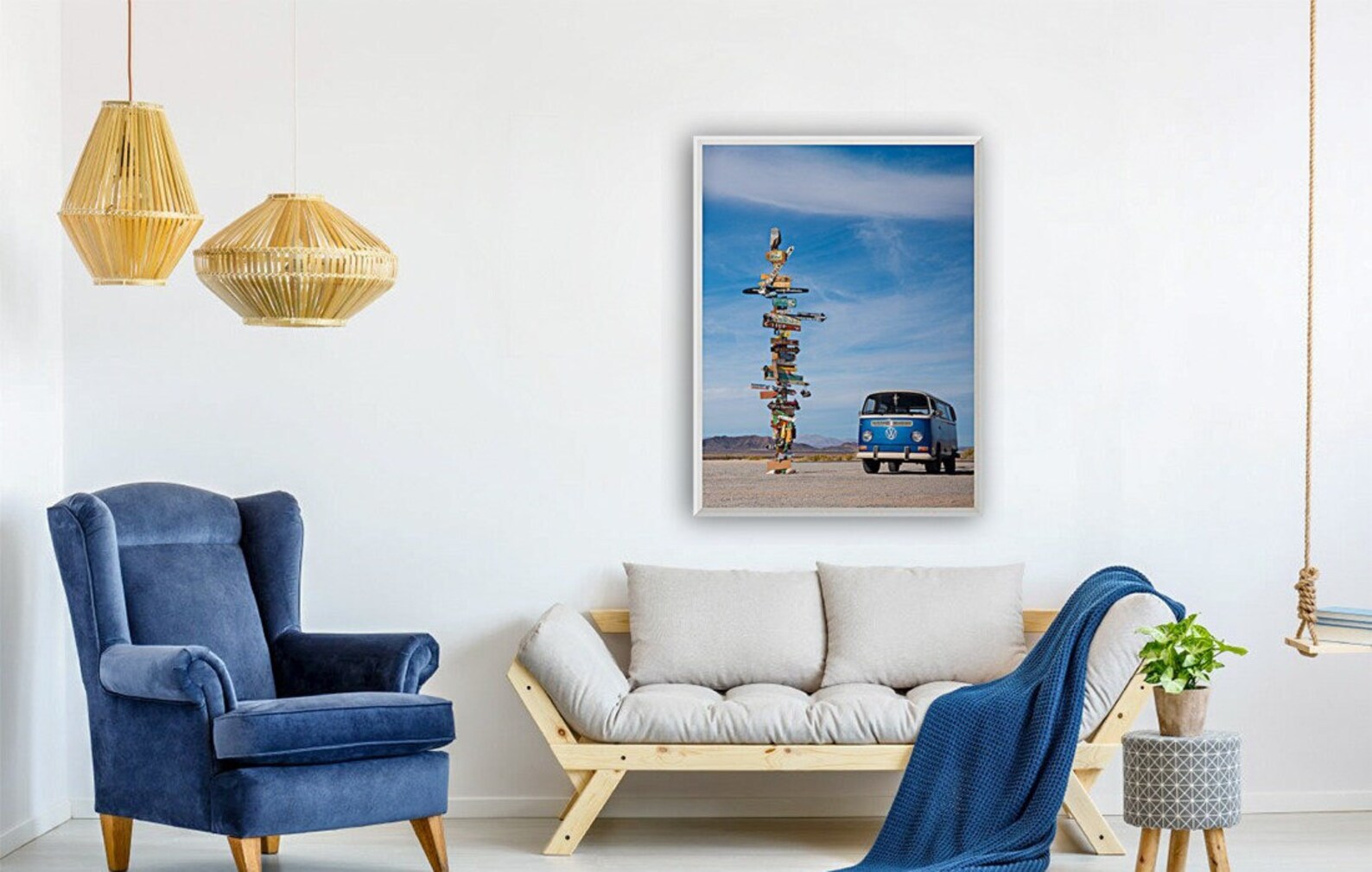 VW Bus Print, VW Bus Next to Directional Waypoint Sign in the Desert ...