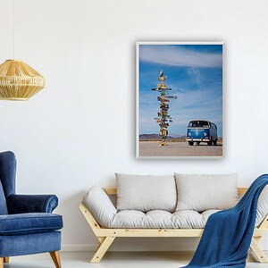 VW Bus Print, VW Bus Next to Directional Waypoint Sign in the Desert ...