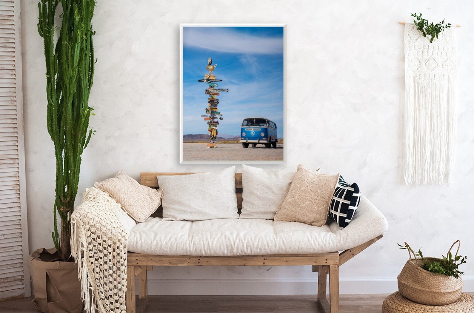 VW Bus Print, VW Bus Next to Directional Waypoint Sign in the Desert ...