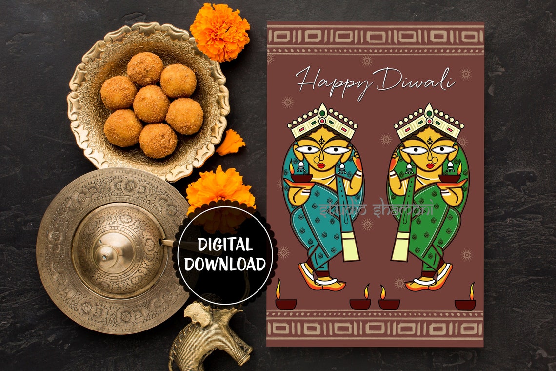 Diwali Greeting Card, Jamini Roy Design, Happy Diwali Card, Diwali ...