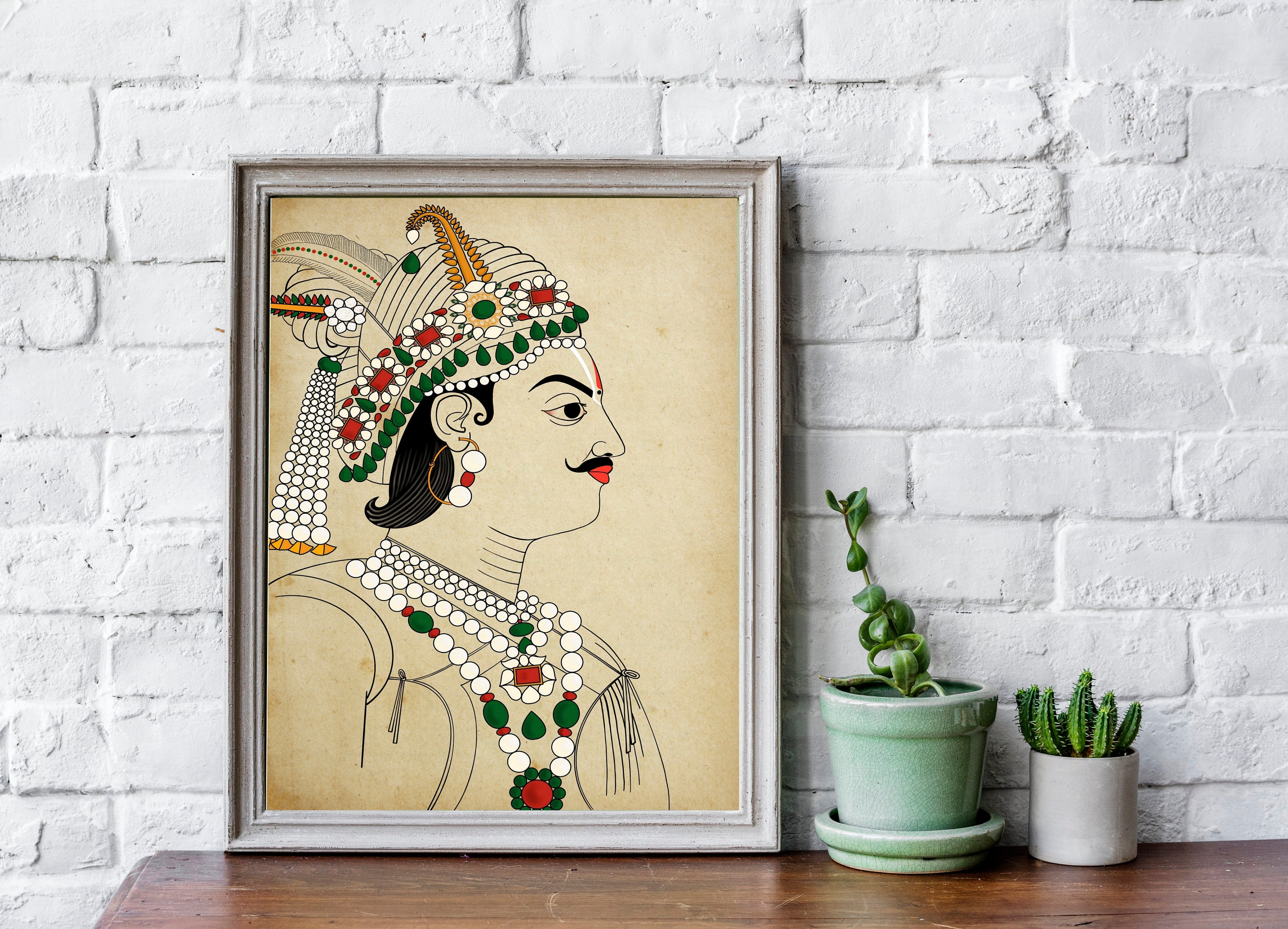 Rajput Royal Man, Indian Art Print, Indian Miniature Painting, Line ...