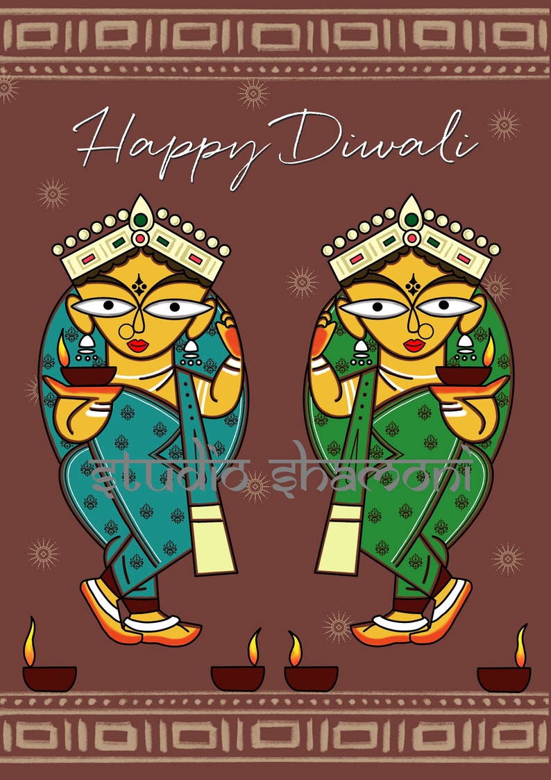 Diwali Greeting Card, Jamini Roy Design, Happy Diwali Card, Diwali ...