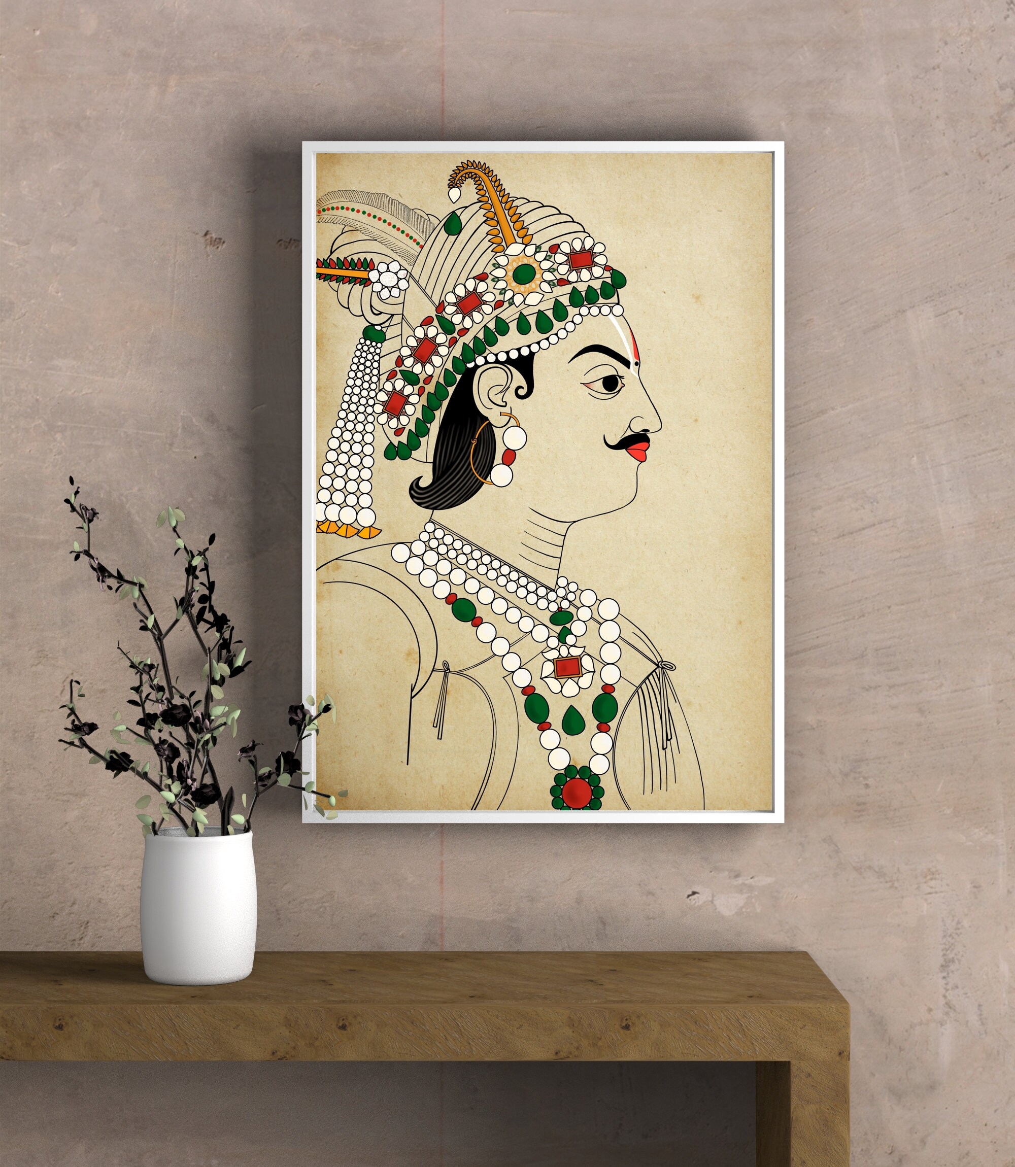 Rajput Royal Man, Indian Art Print, Indian Miniature Painting, Line ...