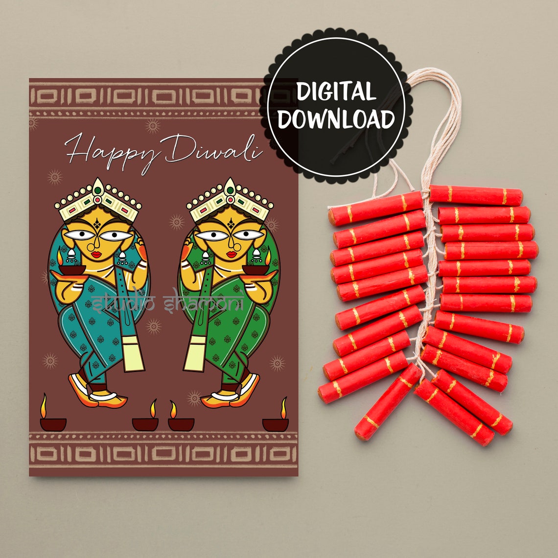 Diwali Greeting Card, Jamini Roy Design, Happy Diwali Card, Diwali ...
