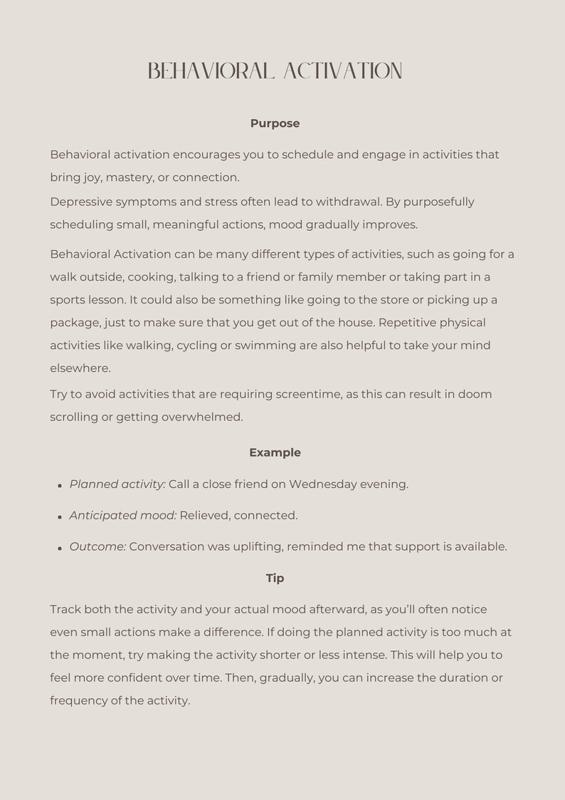 CBT Worksheets – Behavioral Activation, Mental Health Workbook (PDF) - Etsy