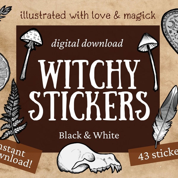 Black and White Witchy Stickers Printable - Etsy