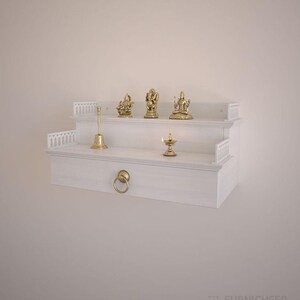 KAVI Handcrafted Wooden Temple for Home With Drawer in Premium White PU ...
