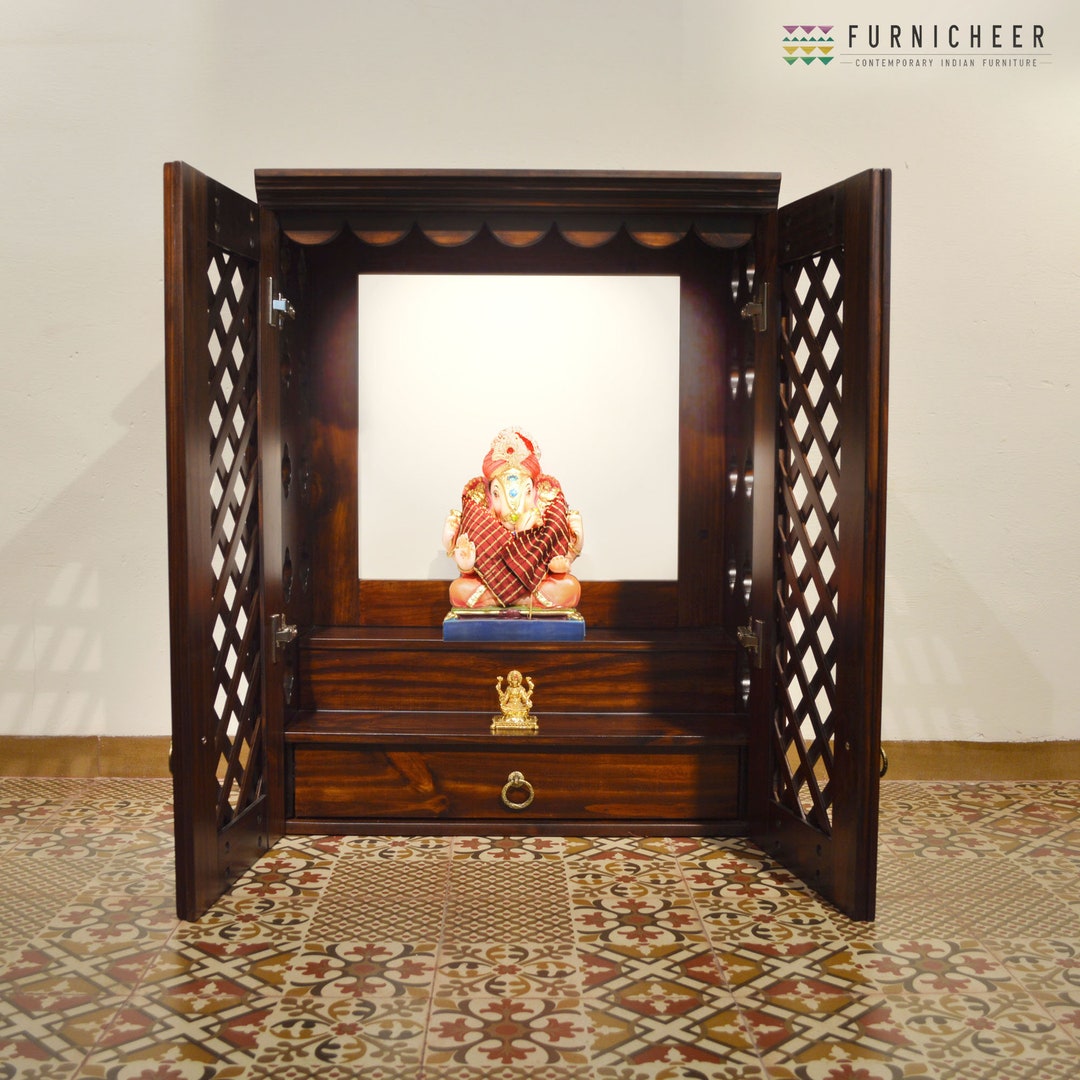 NANDANA Two-step Wooden Mandir With Drawers and Pure Brass Accents - Etsy
