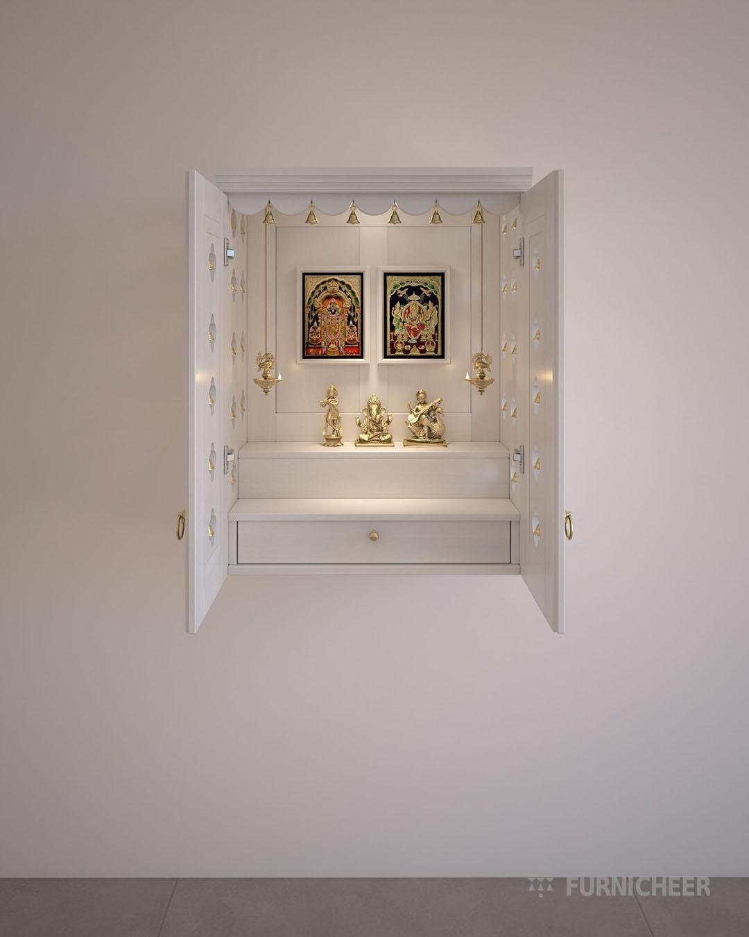 AVANEESH - Wall Mount Pooja Temple Mandir With Door Having Flower ...