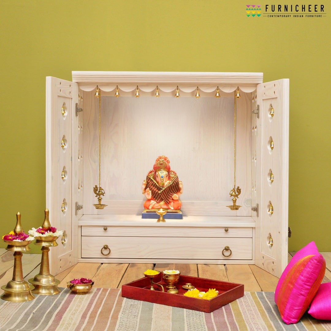 AVANEESH Elegant Mandir With Cutout Flower Design With Pure Brass Bells ...