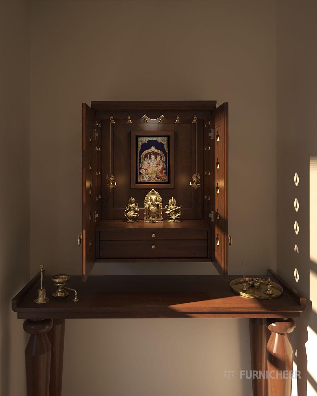 AVANEESH - Wall Mount Pooja Mandir Temple With Door Having Flower ...