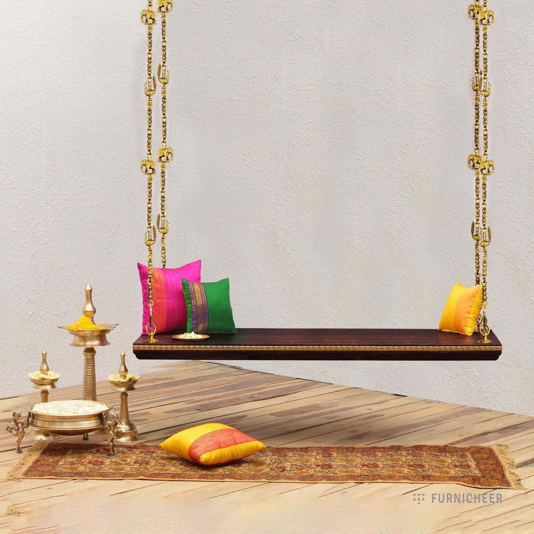 Solid Tulip Wood Swing Jhula With Chain - Walnut Pu and Antique Brass ...