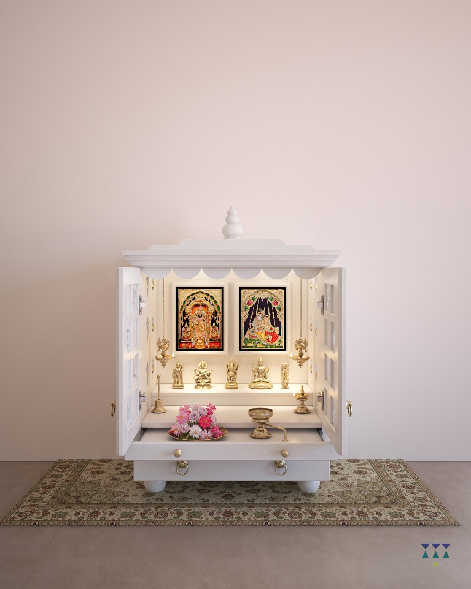 Shweta - Compact White Solid Wood Pooja Mandir for Home | Handcrafted ...