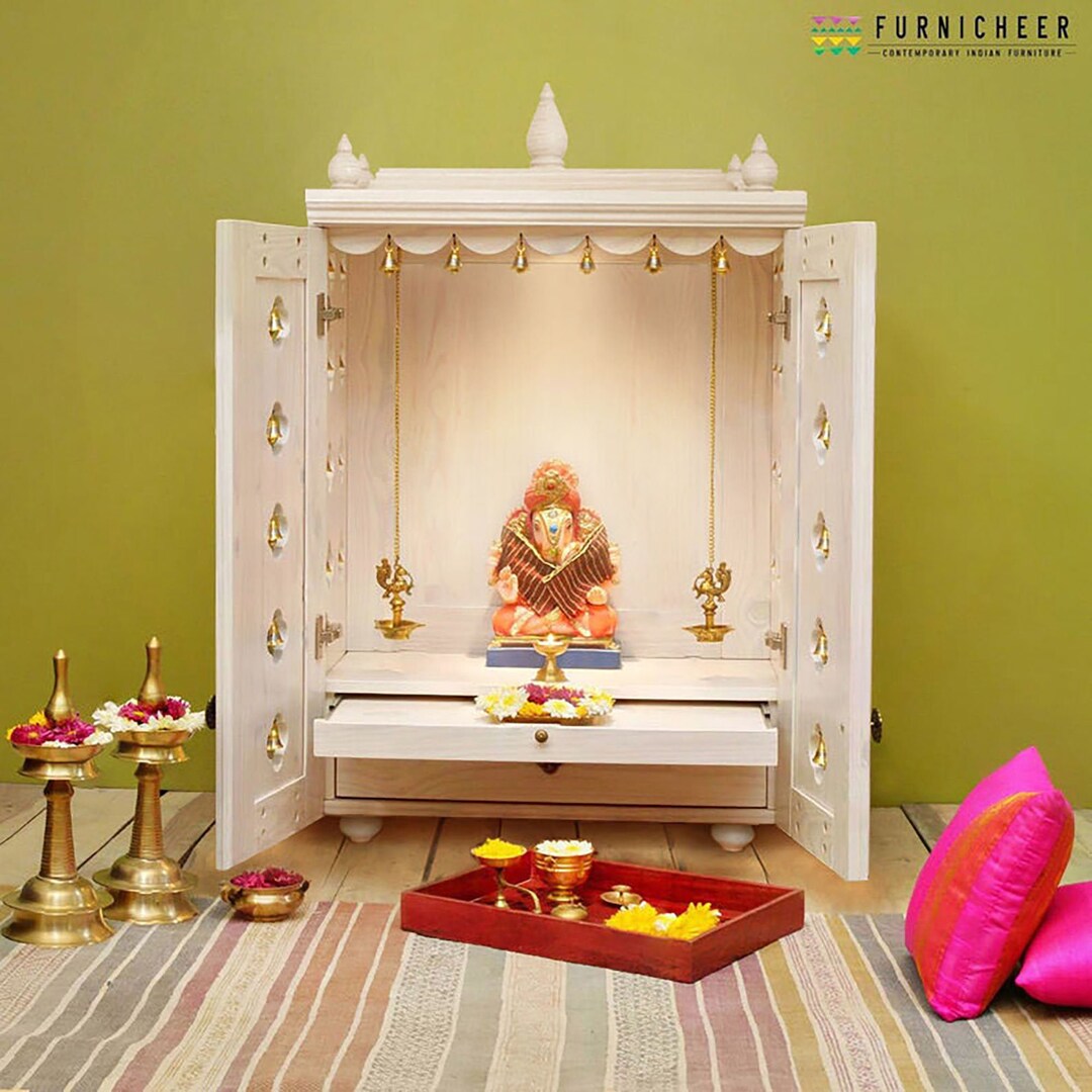 Buy OJAS Solid Wood Mandir With Slide-out Tray and Drawer for Online in ...