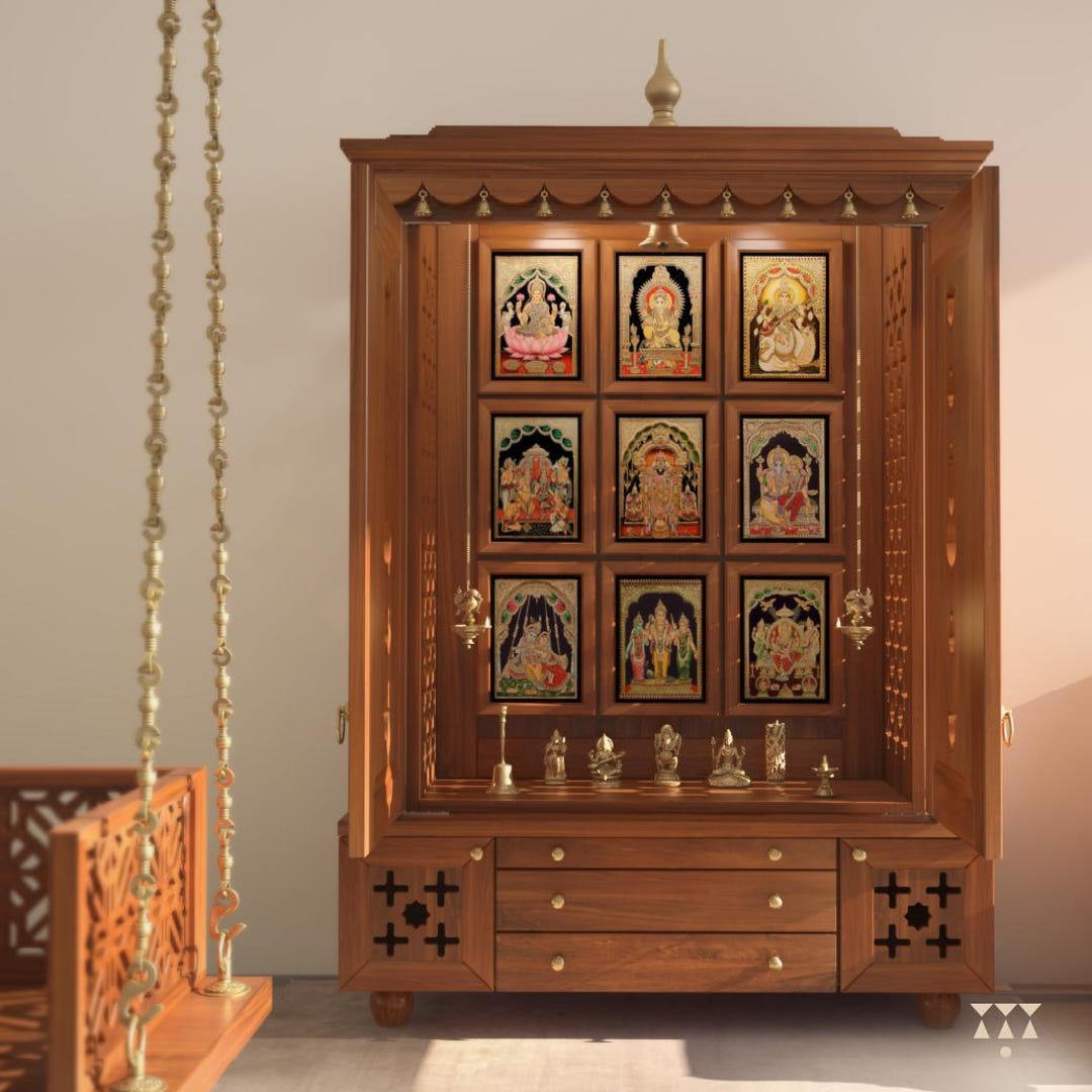 Amod - Large Wooden Pooja Mandir for Home | Handcrafted Hindu Temple ...