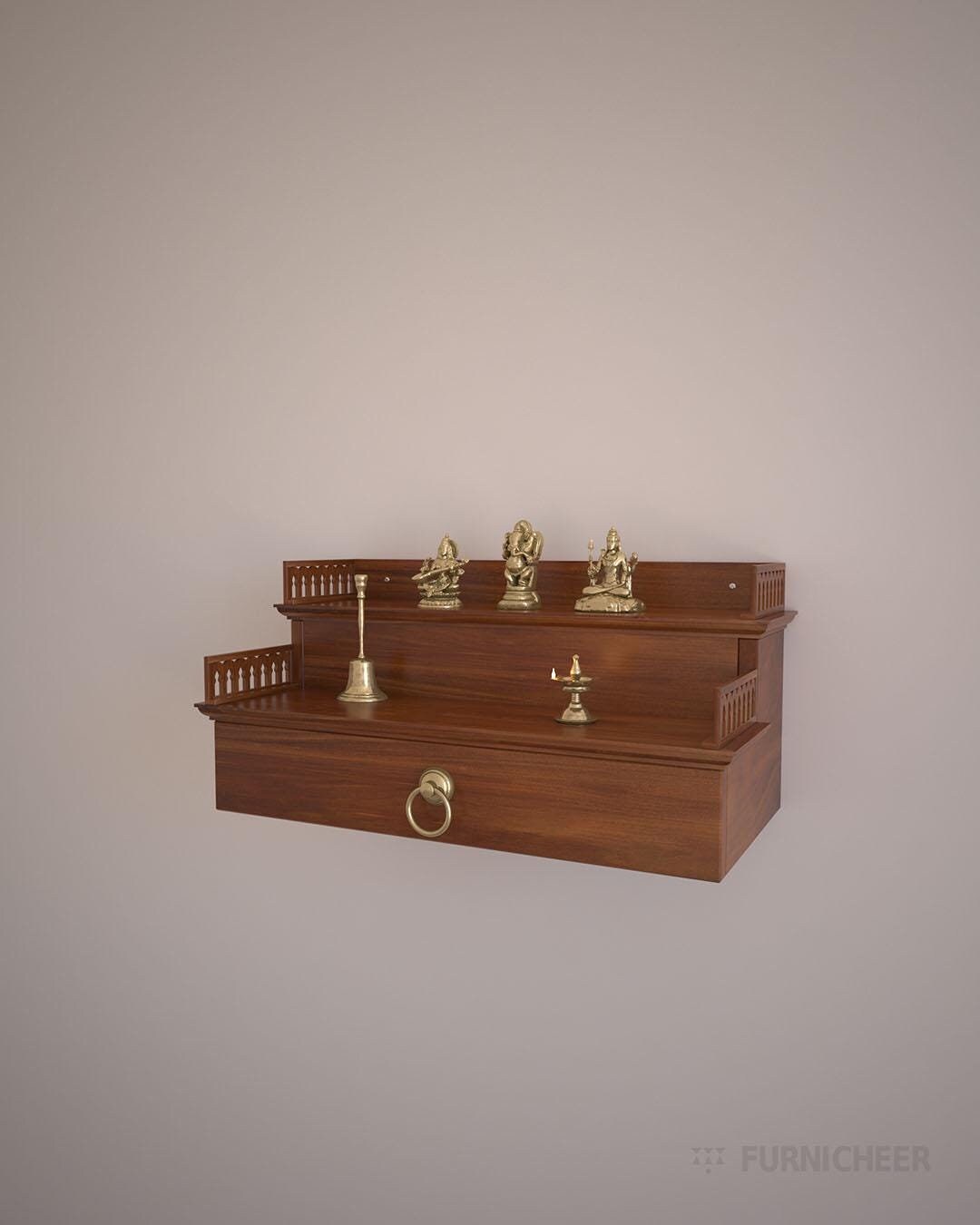 KAVI- Small Wooden Temple Shelf for Home With Drawer in Premium Cherry ...