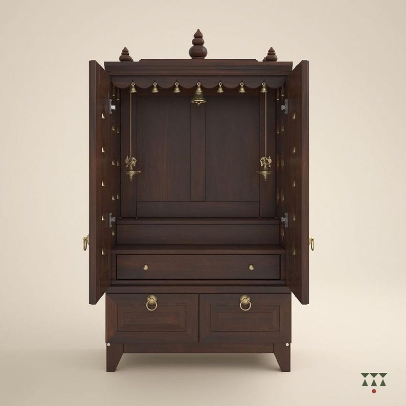 Omkara - Solid Wood Pooja Mandir for Home With Doors, Brass Bells ...