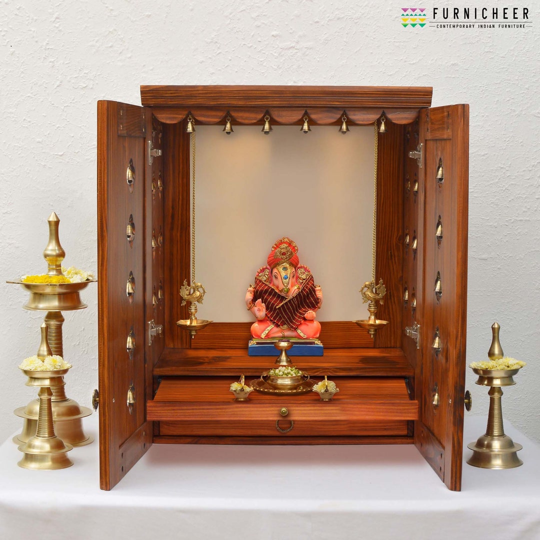 AVANEESH Elegant Cheery Brown Premium PU Finish Wall Mounted Pooja Unit ...