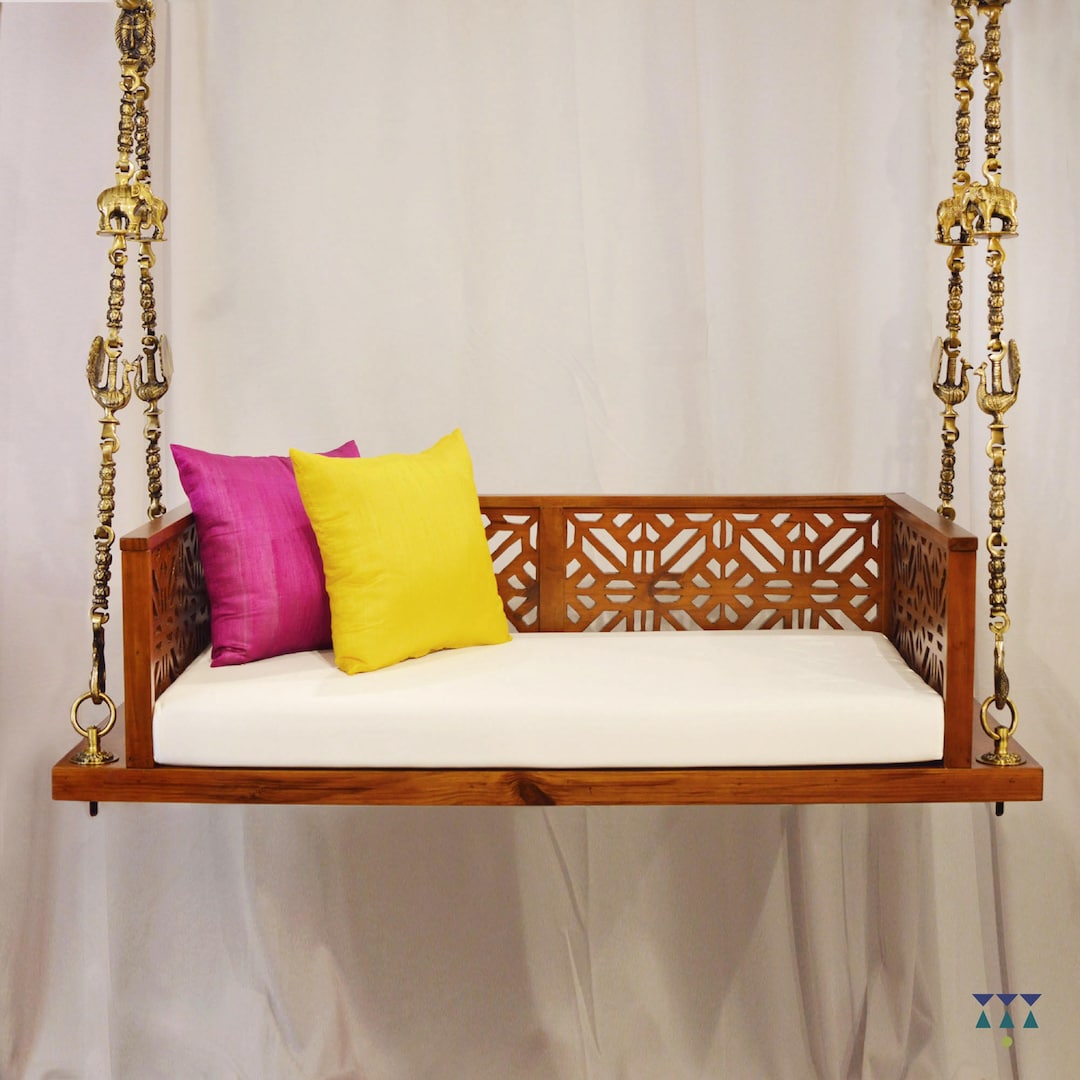Indian Jhula in Walnut Finished Swing - Solid Wood & Brass Chain Links ...