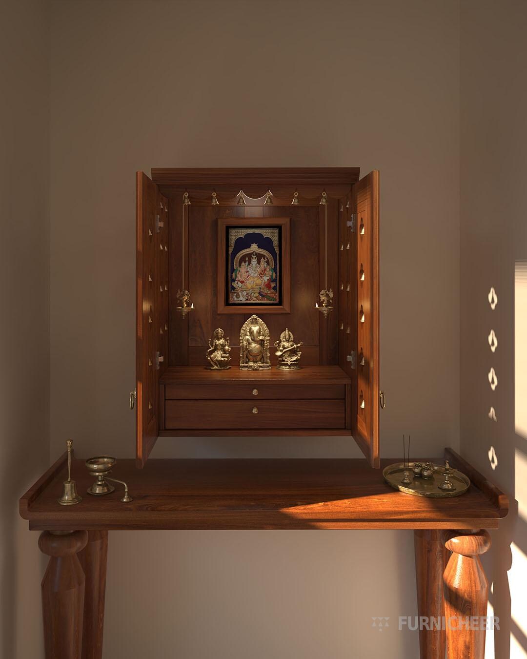 AVANEESH Wall Mount Puja Mandir With Door Having Flower Cutouts & Bells ...