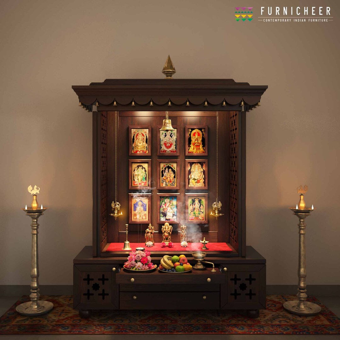 AMOD Free Standing Prayer Unit With Lotus Lattice Shutters in Walnut ...