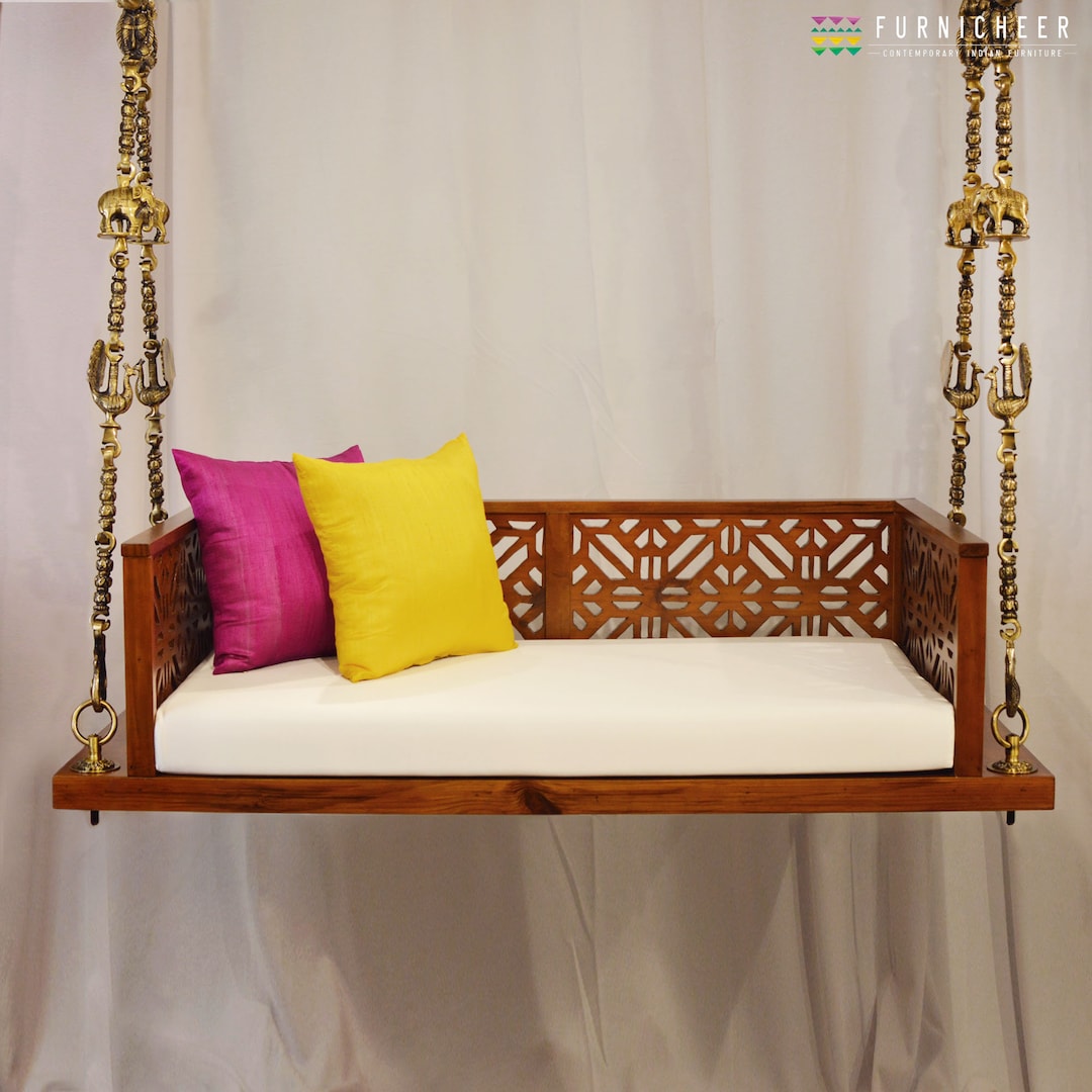 Indian Jhula in Walnut Finished Swing Solid Wood & Brass Chain Links - Etsy