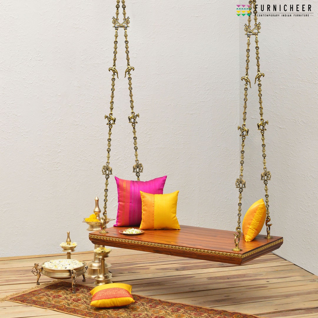 Wooden Bech Swing Indian Jhoola / Swing With Cherry Brown Pu Finish and ...
