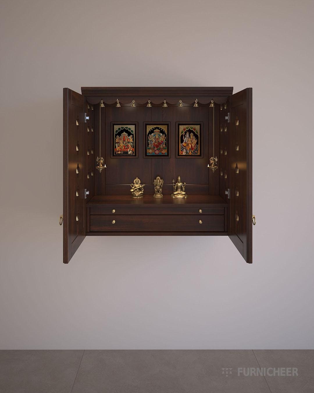 AVANEESH - Handmade Solid Wood Puja Mandir With Pullout Tray and Drawer ...