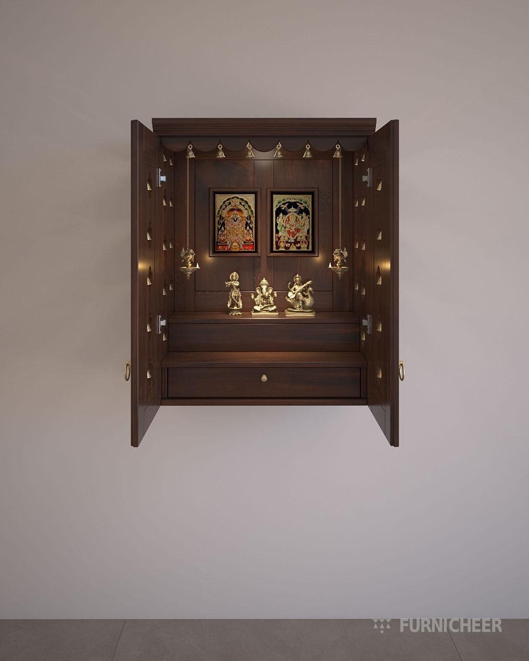 AVANEESH Wall Mount Puja Mandir With Door Having Flower Cutouts & Bells ...